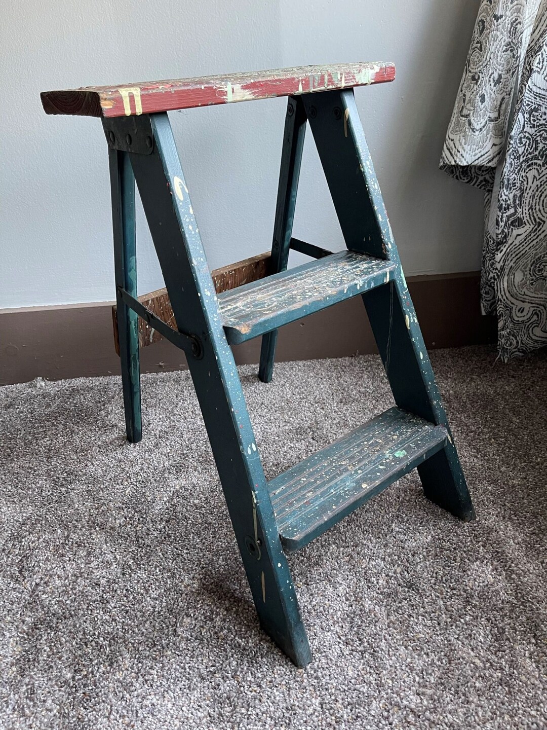 Vintage Wood Ladder : Mini Folding 2 Step Chippy Worn Teal Blue Red A ...