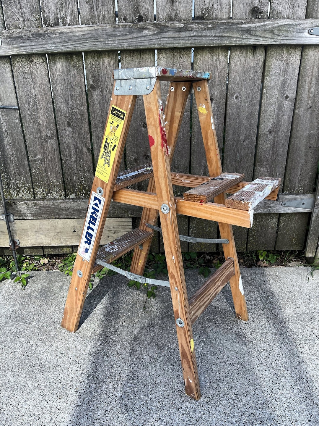 Vintage Wood Ladder : Folding 2 Step Chippy Worn Natural Patina A Frame ...