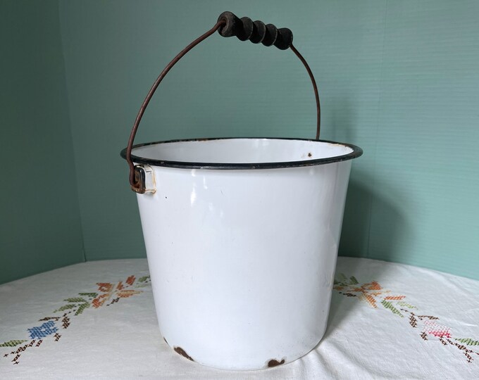 Vintage Enamel Pail : White, Black Trim Enamel Round Bucket Bail Wire ...