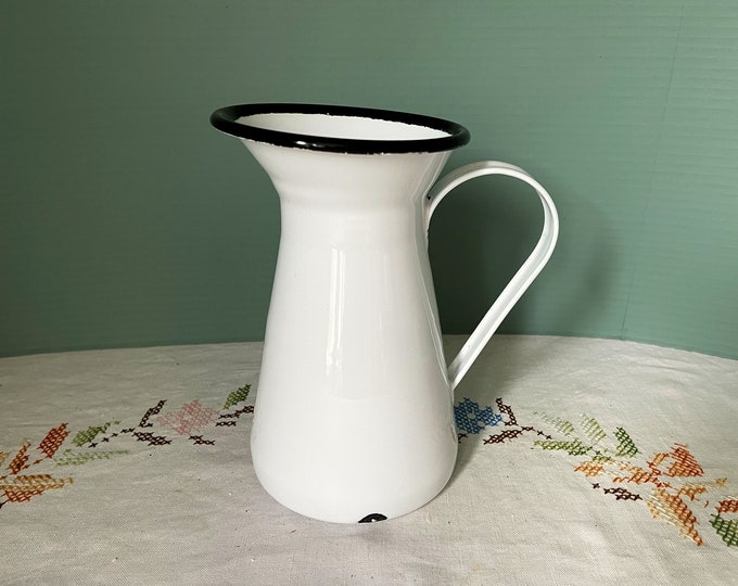 Vintage Pitcher : White With Black Trim Enamelware Enamel Round Rounded ...