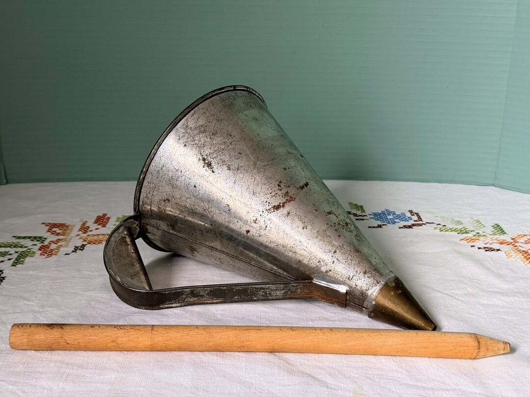 Vintage Funnel : 5.75" Diameter Tin Metal Sieve Strainer Brass Tip Wood ...