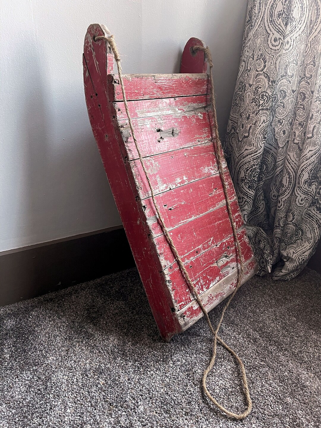 Vintage Sled : Red Handmade Chippy Wood Child Hand Pull American ...