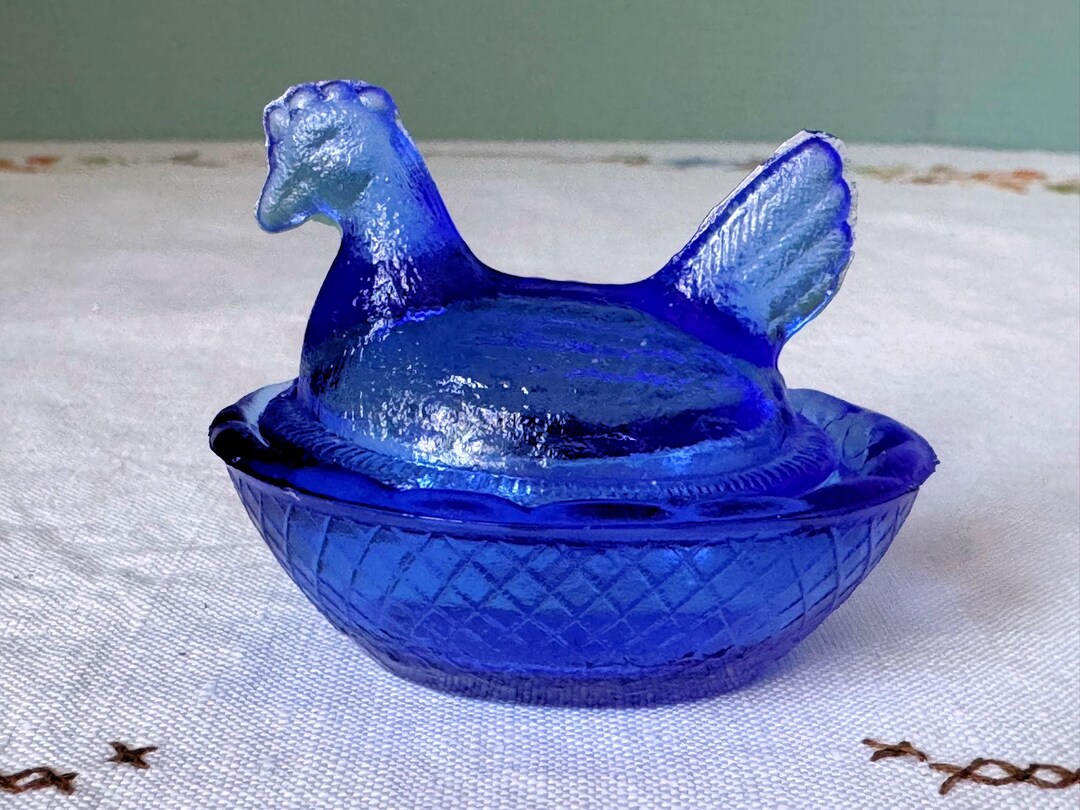 Vintage Dish : Tiny Mini 2" Dark Cobalt Blue Glass Hen Chicken Nest ...