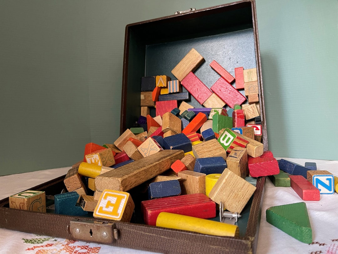 Vintage Toy : Lot Wood Buildings Blocks Play Set in Old Portable Record ...