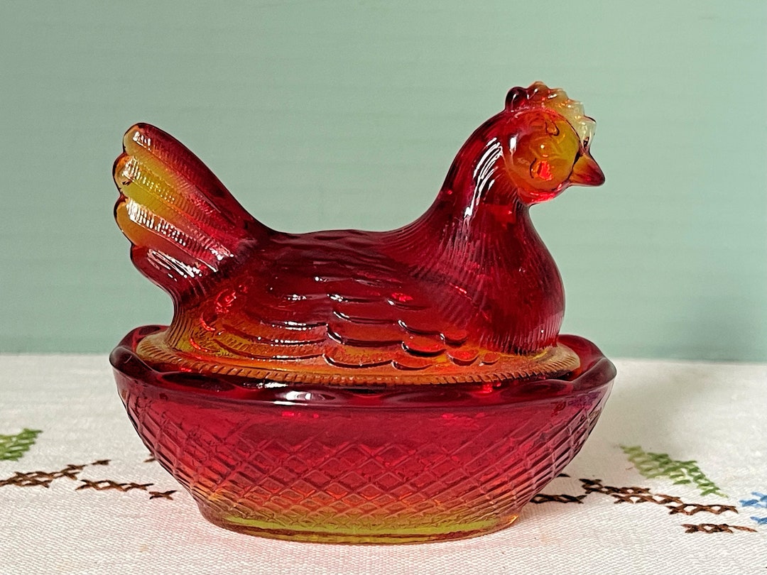 Vintage Candy Dish : Tiny Mini 3" Yellow Gold Red Clear Glass Hen ...