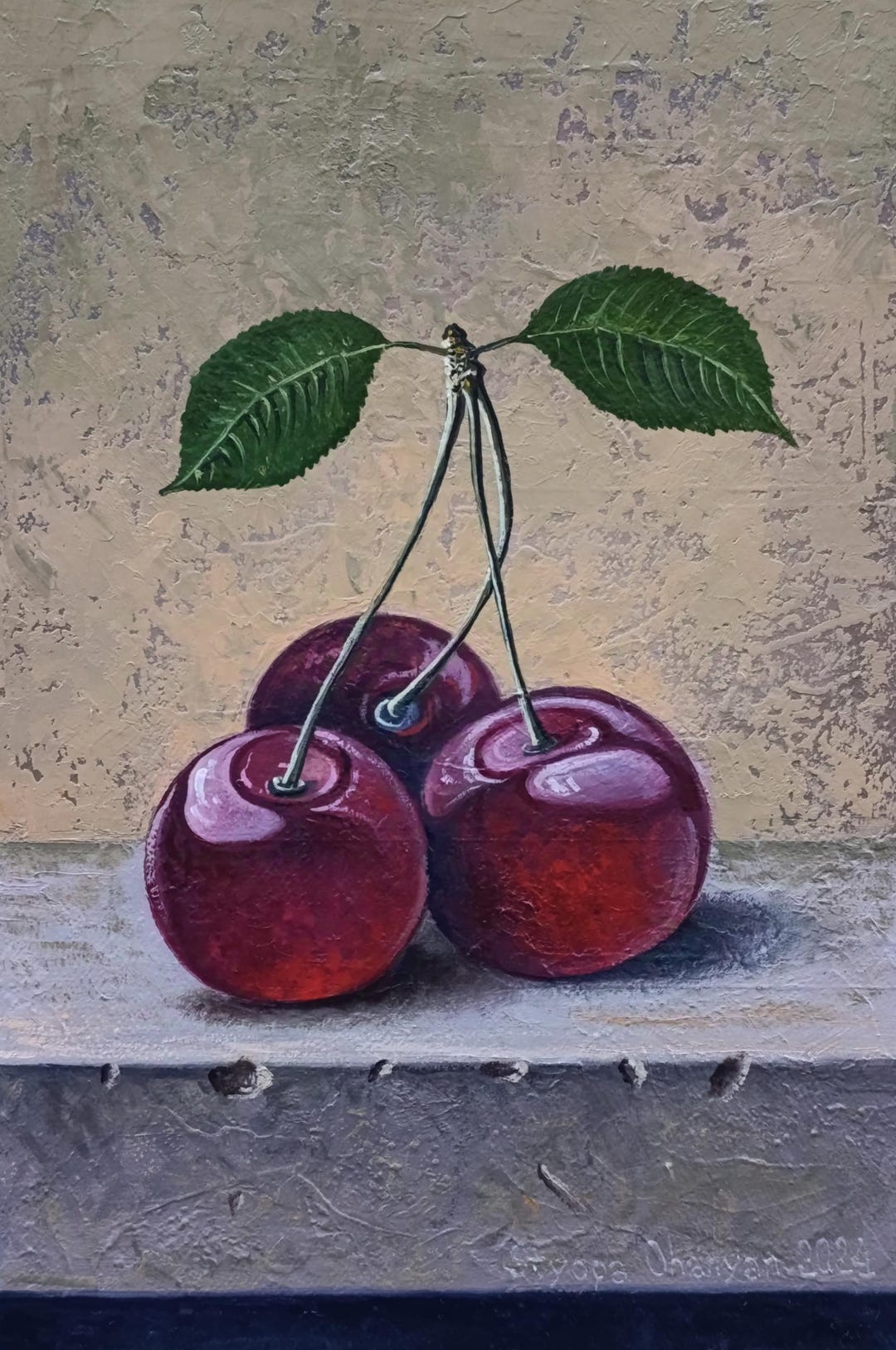 Trio of Cherries (7.9x11.8in, Oil/canvas, Ready to Hang) Realistic ...