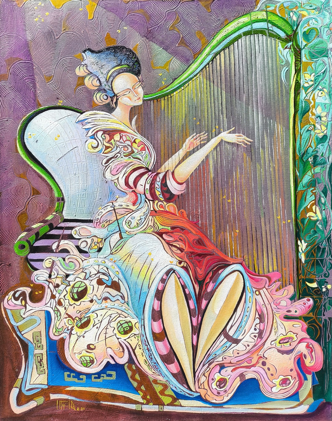 The Harpist Melody (23.6x31.5in Oil/canvas Ready to Hang) Whimsical ...