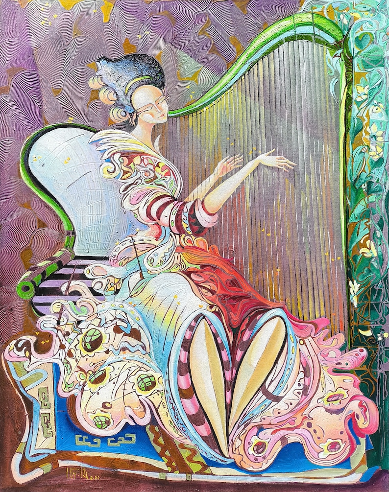 The Harpist Melody (23.6x31.5in Oil/canvas Ready to Hang) Whimsical ...