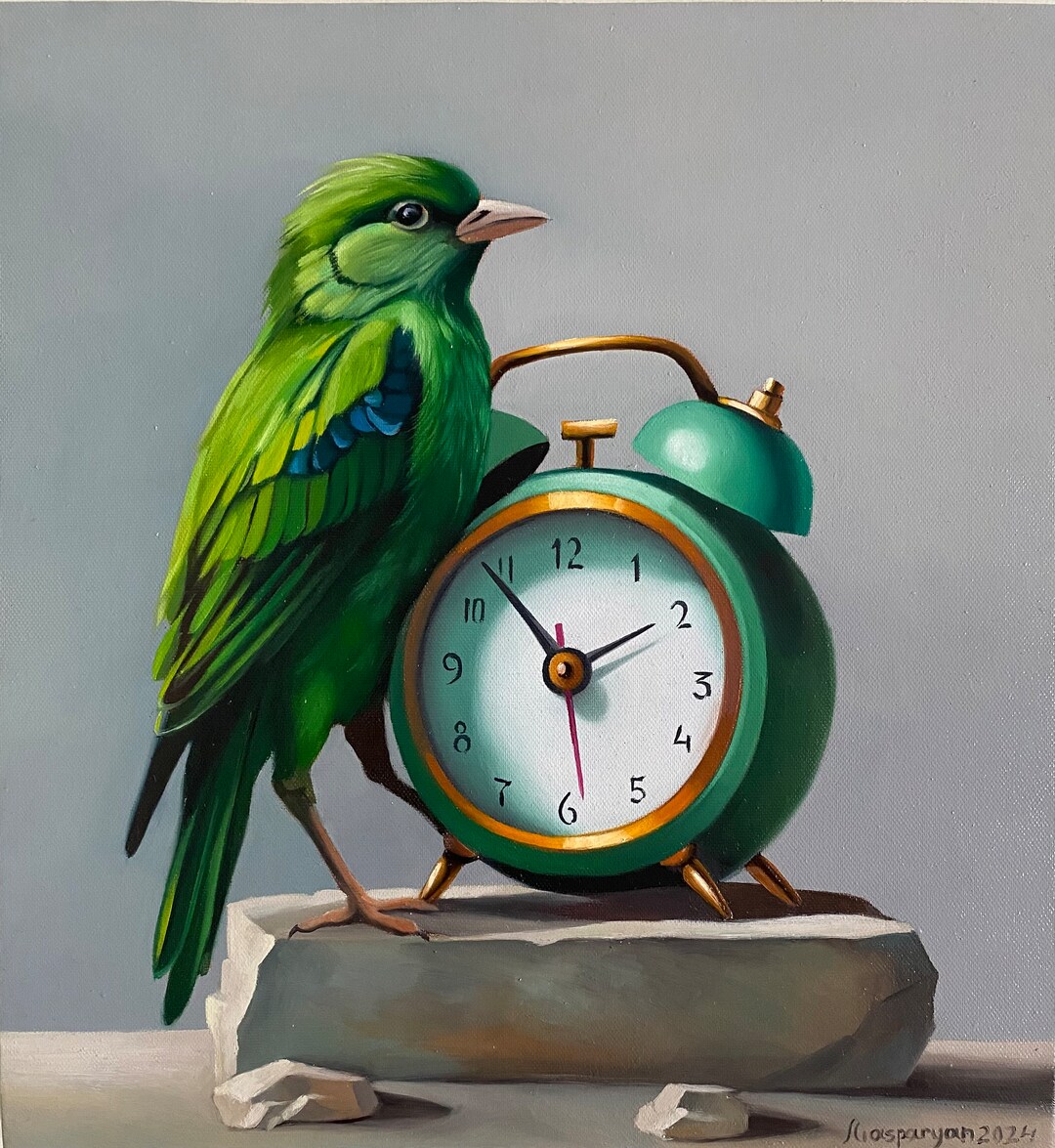 Green Guardian of Time 8.7x9.4in Oil/canvas, Ready to Hang Whimsical ...
