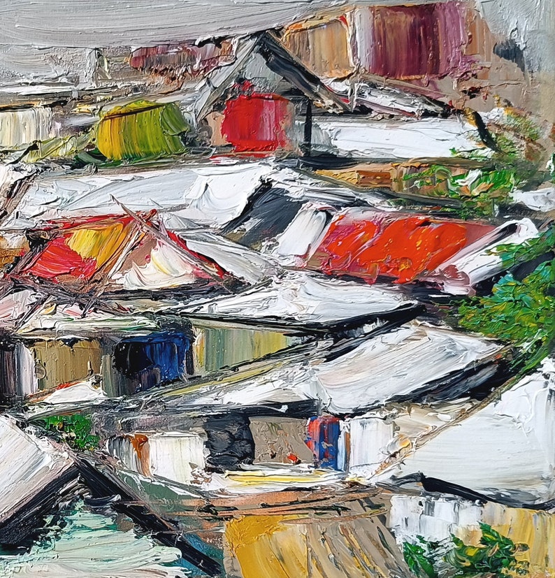 Rooftop Mosaic (11.8x15.7in Oil/canvas, Ready to Hang) Vibrant Abstract ...