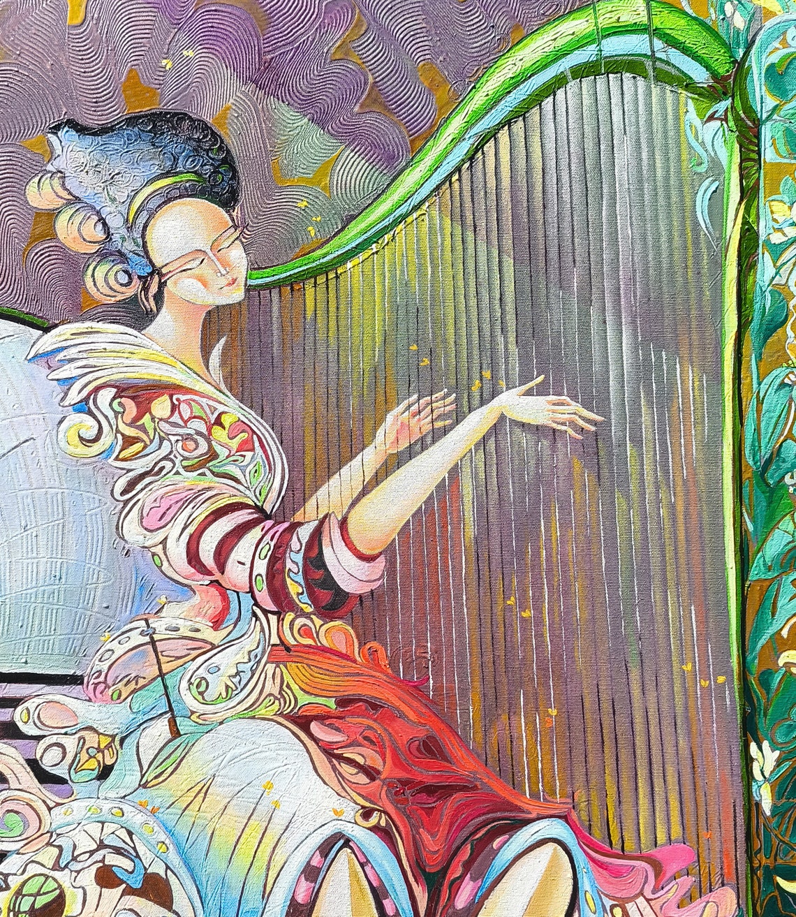 The Harpist Melody (23.6x31.5in Oil/canvas Ready to Hang) Whimsical ...