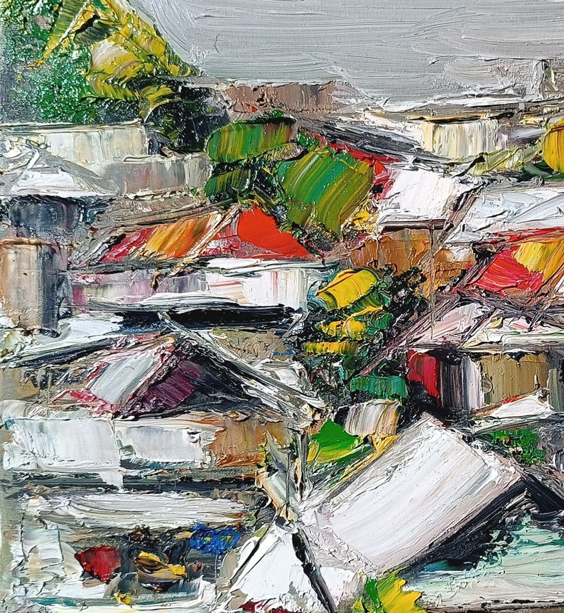 Rooftop Mosaic (11.8x15.7in Oil/canvas, Ready to Hang) Vibrant Abstract ...