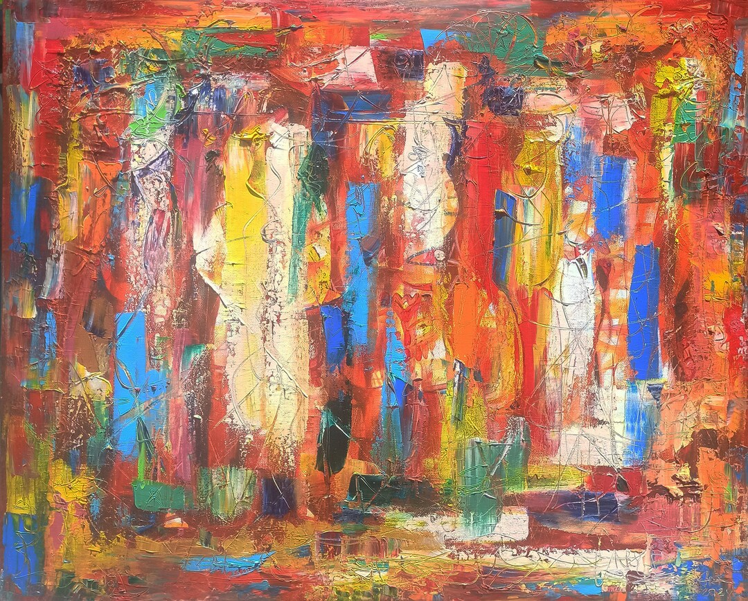 Joyful Sunday (23.6x27.6in Oil/canvas, Ready to Hang) Abstract With ...