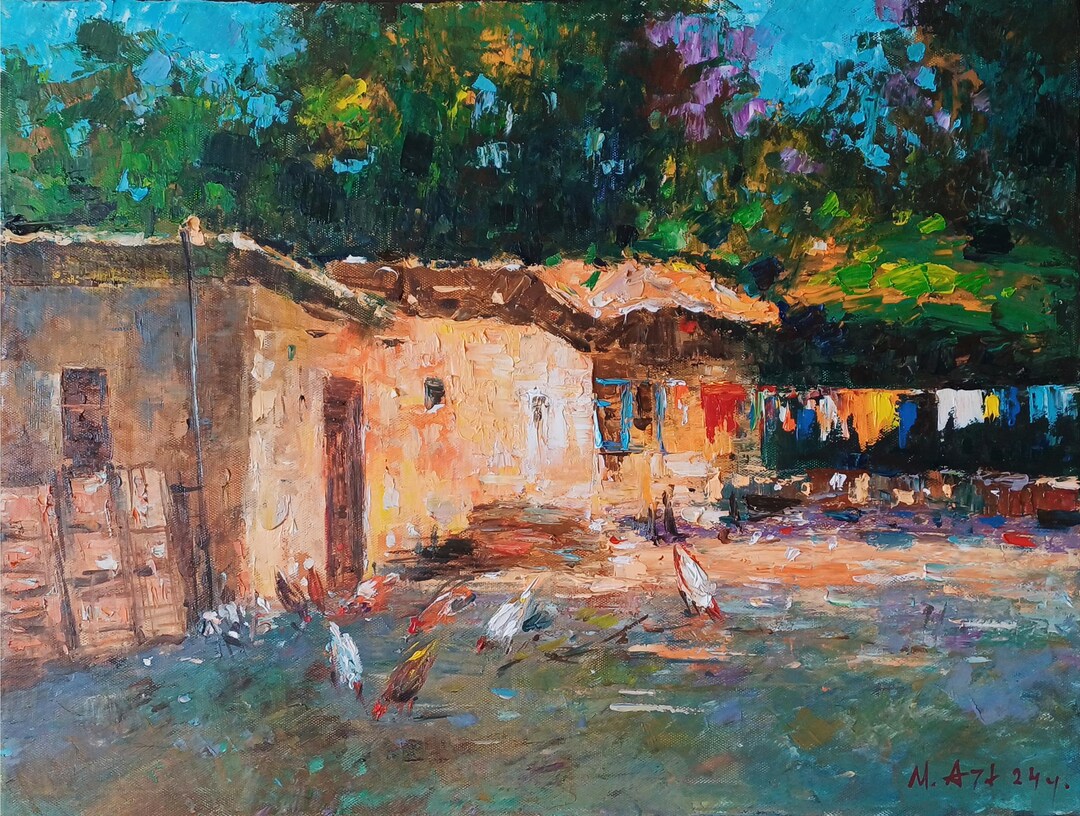 Life in the Village (15x19.7in Oil/canvas, Ready to Hang) Charming ...