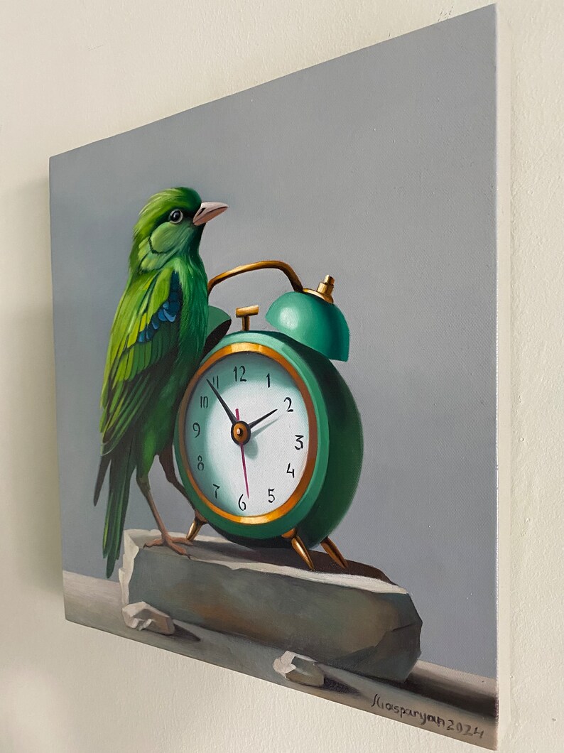 Green Guardian of Time 8.7x9.4in Oil/canvas, Ready to Hang Whimsical ...