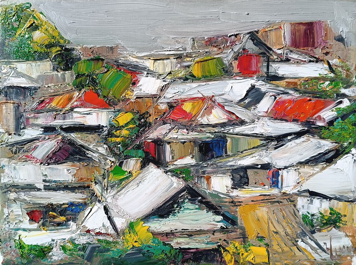 Rooftop Mosaic (11.8x15.7in Oil/canvas, Ready to Hang) Vibrant Abstract ...