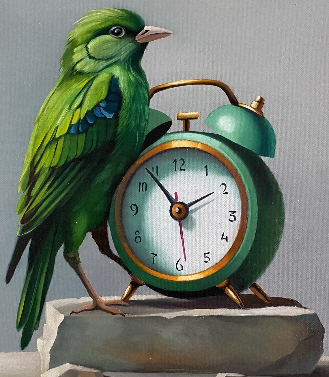 Green Guardian of Time 8.7x9.4in Oil/canvas, Ready to Hang Whimsical ...