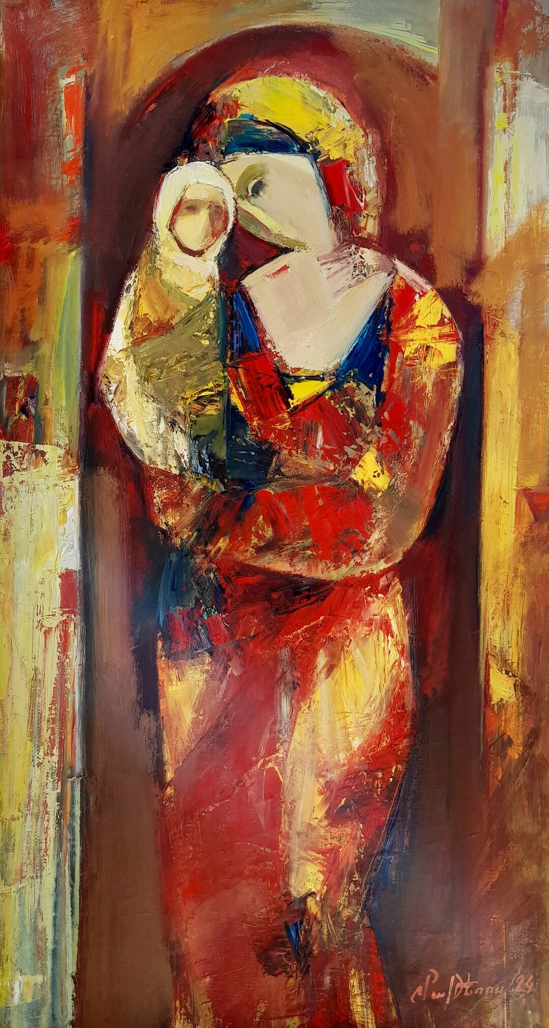In Mother's Arms (33x60cm/13x23.6in Oil/canvas, Ready to Hang) Intimate ...