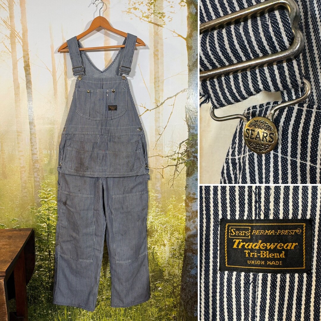 70's Sears Overalls With Tool Pouch, Hickory Striped, Distressed ...
