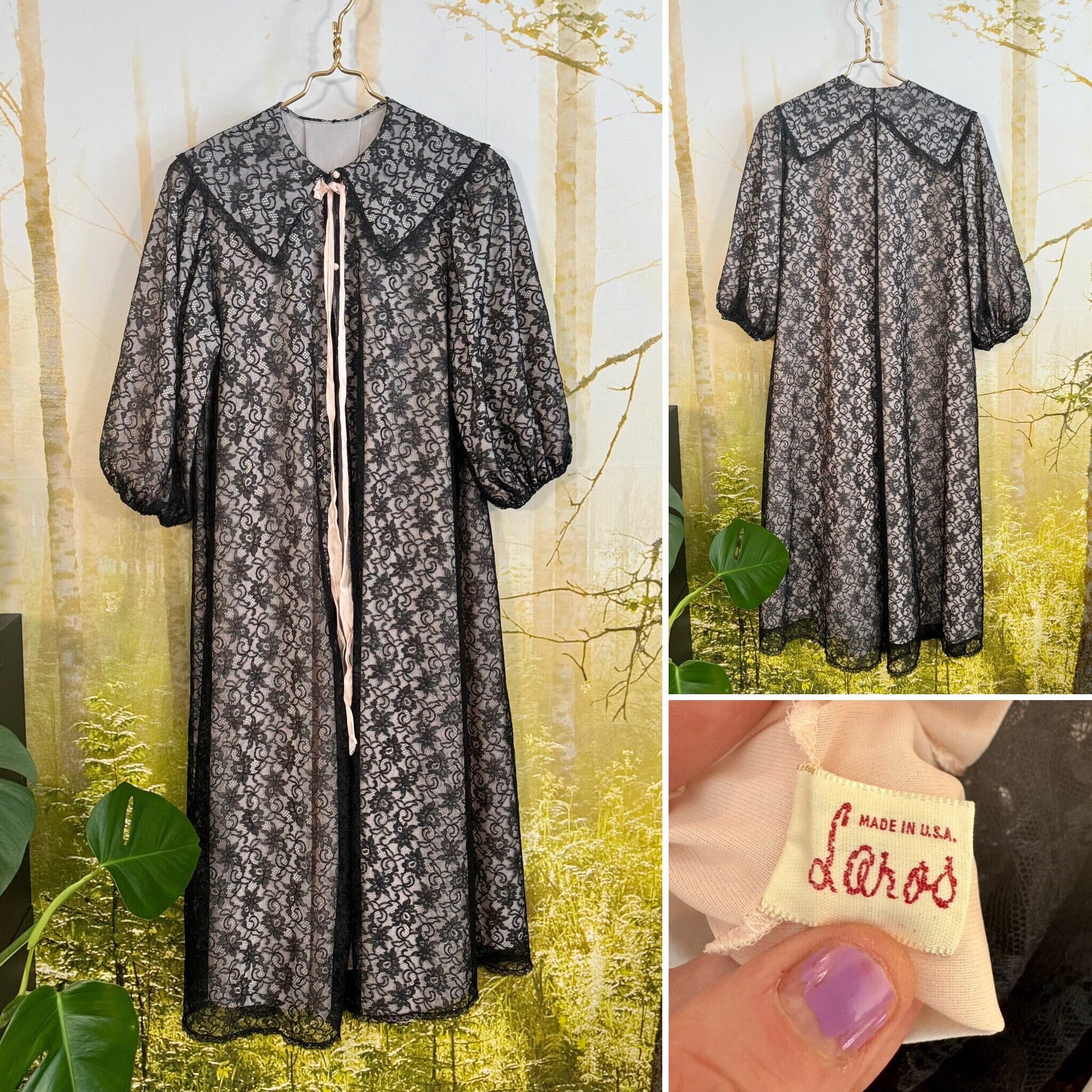 60's Vtg Black Lace/pink House Coat by Laros W/ Large Collar, Pink ...