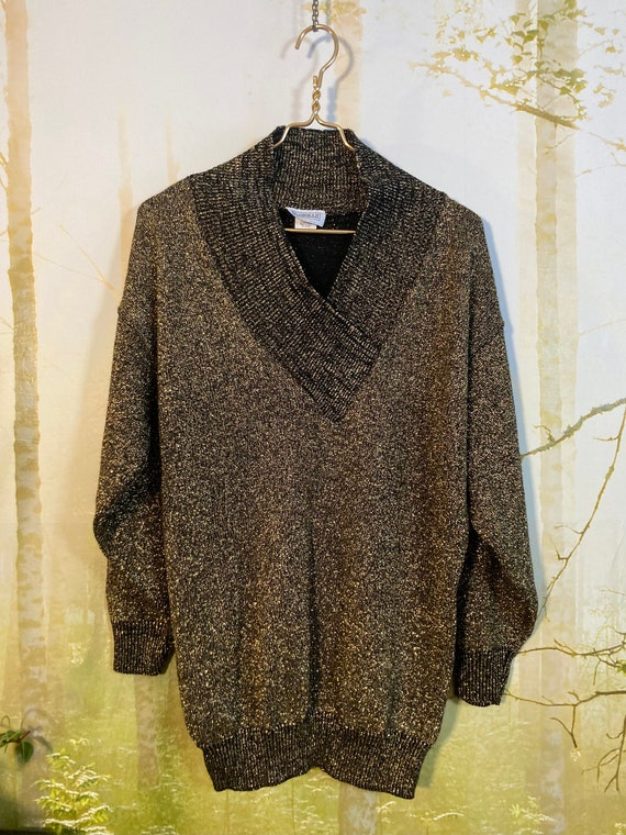80's Arielle metallic gold and black v-neck sweater, … - Gem
