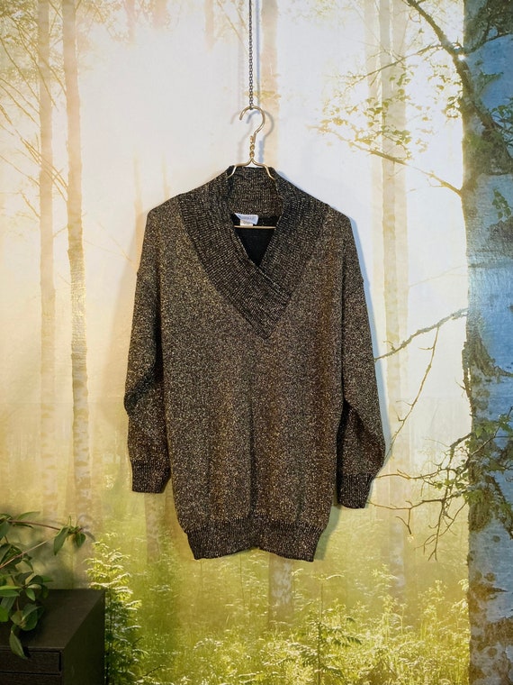80's Arielle metallic gold and black v-neck sweater, … - Gem