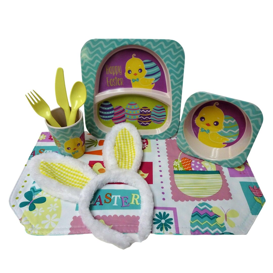 Kids Easter Dinnerware Gift Set: Bunny Ears Headband, 6 Piece Tableware ...