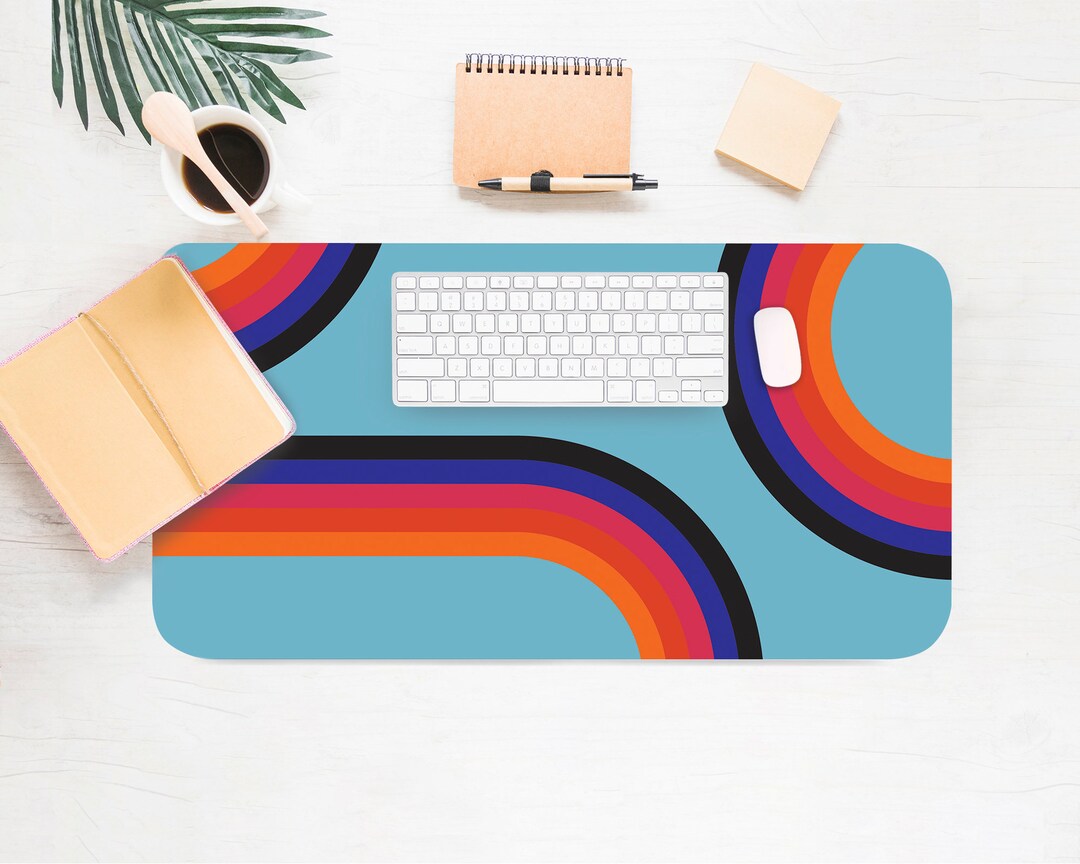 Blue 70s Graphic Desk Mat, Aesthetic Desk Accessory, Cute Workspace ...