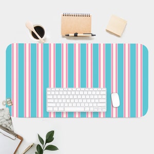 Pink and Blue Stripes Print Desk Mat, Aesthetic Desk Accessory, Cute ...