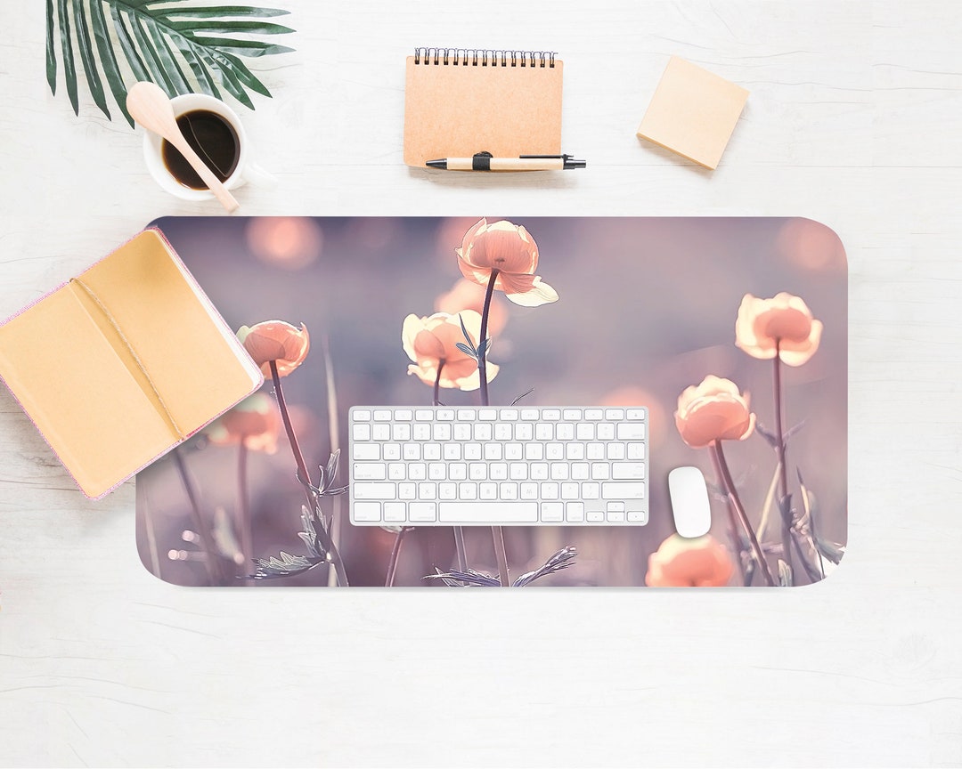 Pink Flowers Desk Mat, Tropical Desk Accessory, Cute Workspace, Trendy ...