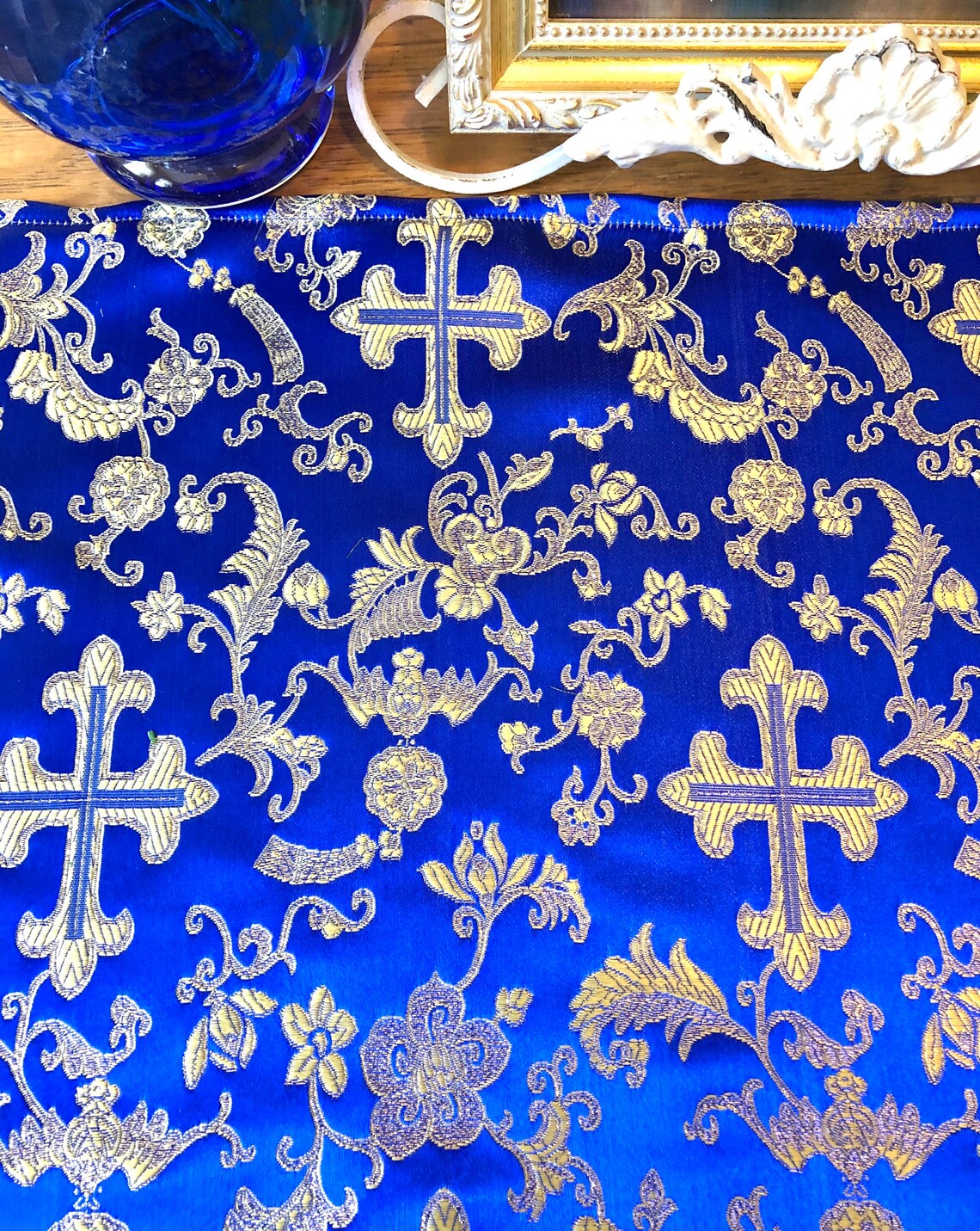 Altar Cloth Catholic Christian Home Prayer Table Runner Blue Metallic ...