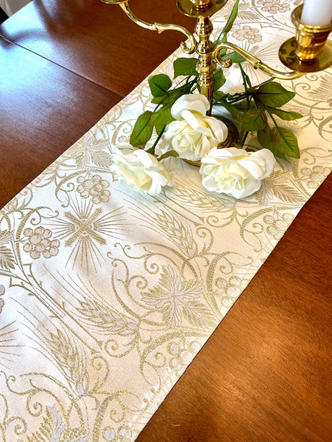 Christian Table Runner 54” X 12 Inches Ivory Metallic Gold Eucharist ...