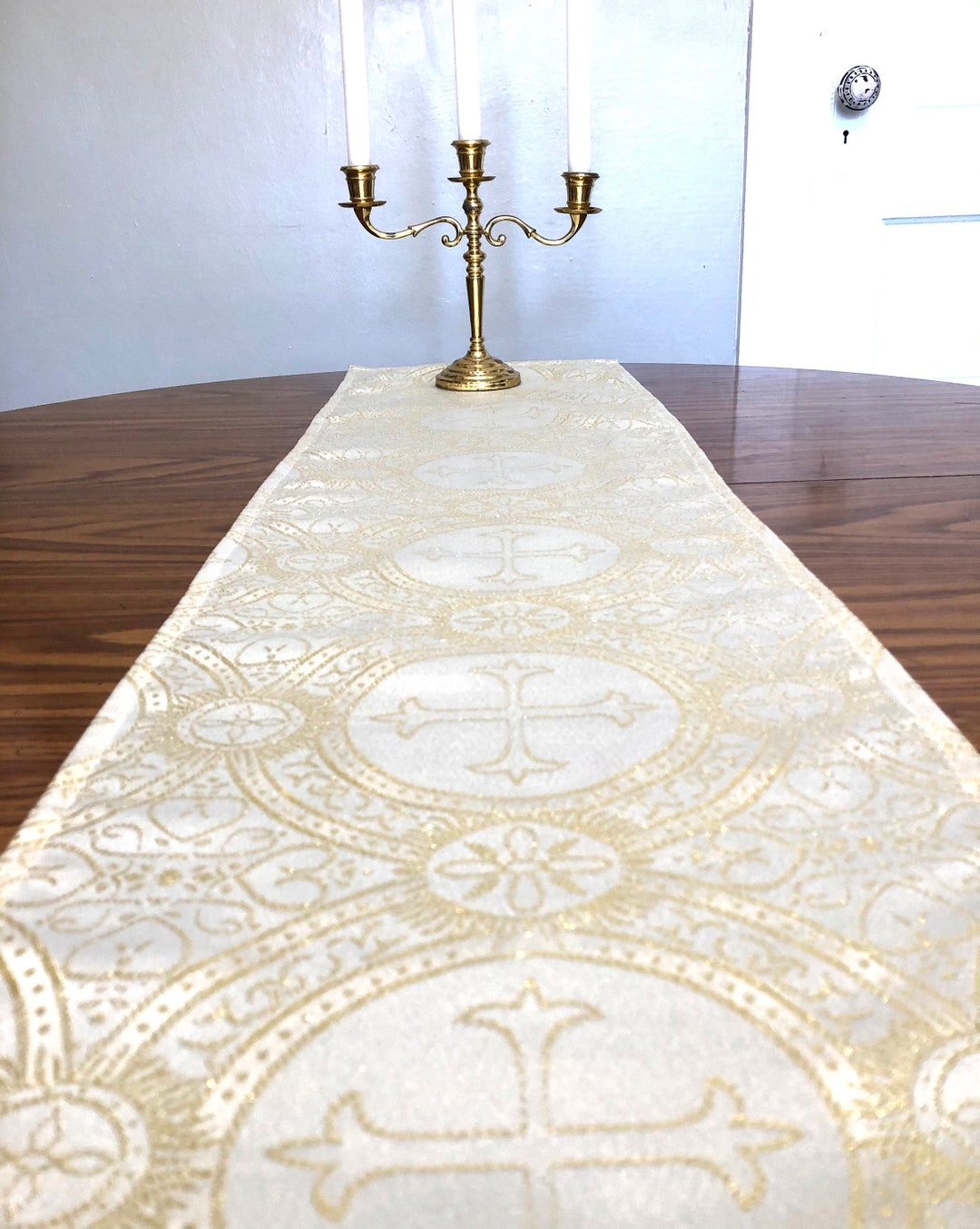 Christian Table Runner 12 X 50 Inches Ivory Metallic Gold Liturgical ...