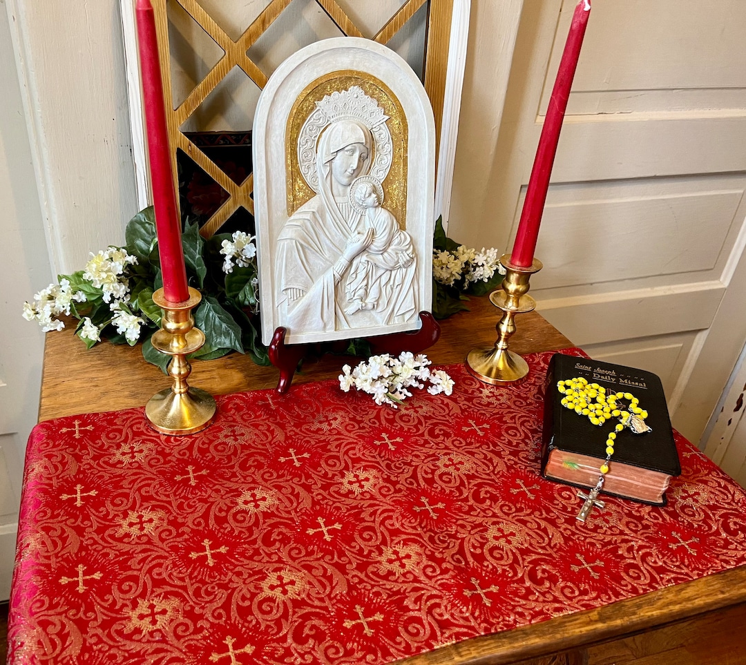 Altar Cloth Catholic Christian Home, Red, Metallic Gold Brocade, Prayer ...