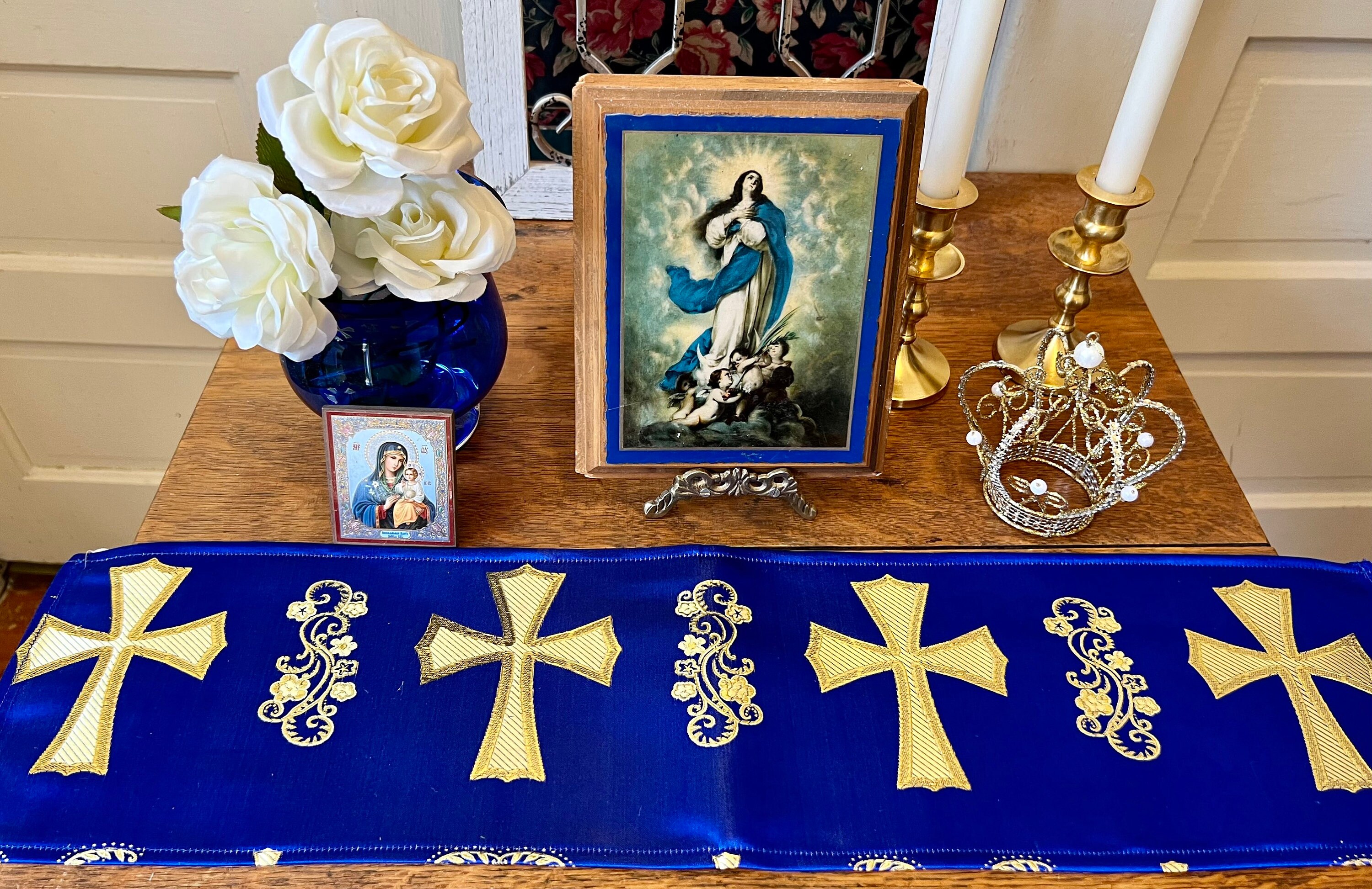 Altar Cloth Catholic Christian Home Blue Metallic Gold Crosses - Etsy