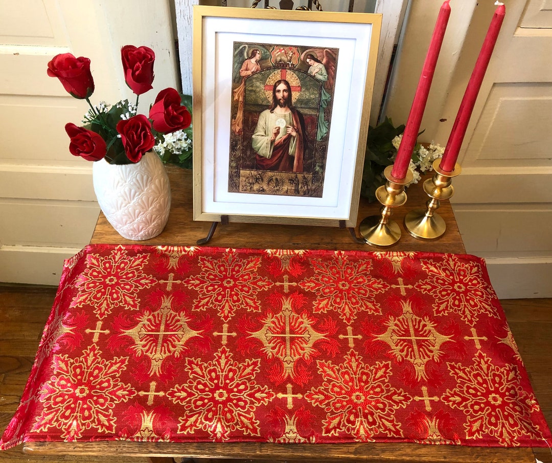Altar Cloth Catholic Christian Home Red Metallic Gold Crosses ...