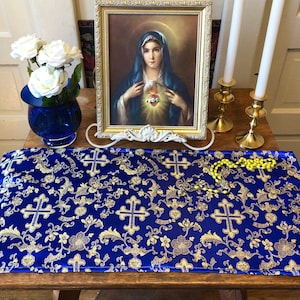 Altar Cloth Catholic Christian Home Prayer Table Runner Blue Metallic ...