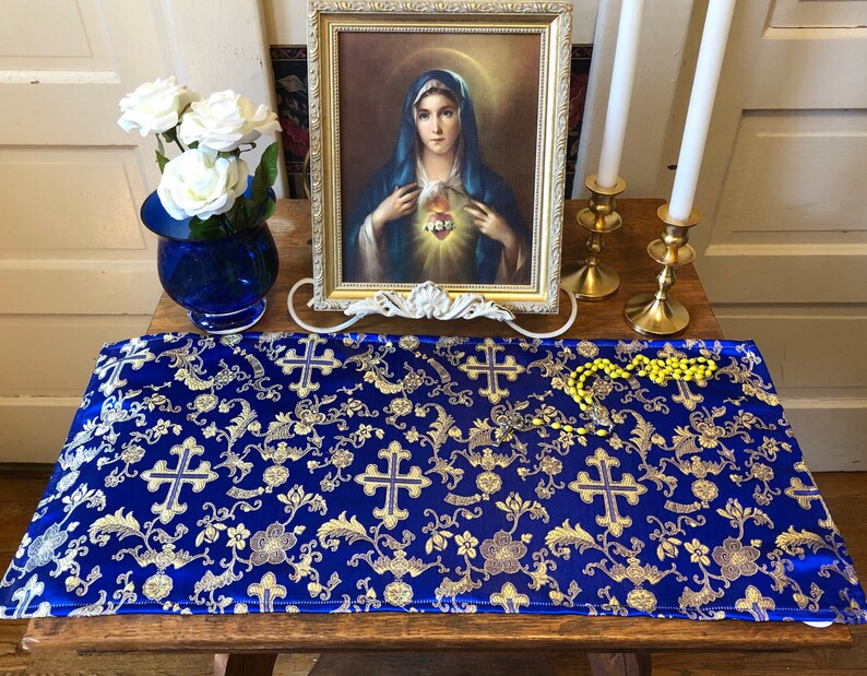 Altar Cloth Catholic Christian Home Prayer Table Runner Blue Metallic ...