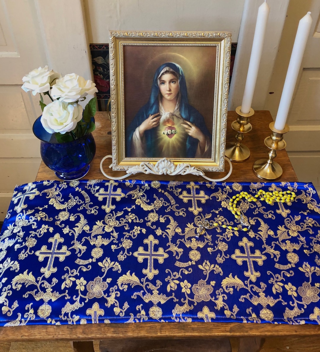Altar Cloth Catholic Christian Home Prayer Table Runner Blue Metallic ...