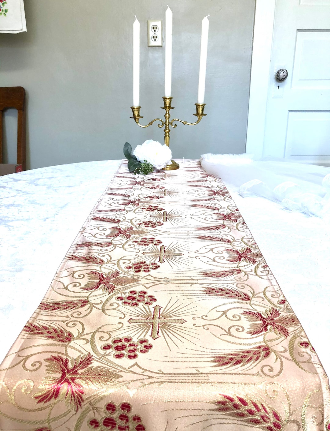 Catholic Table Runner Pink Metallic Golds First Communion Wedding ...