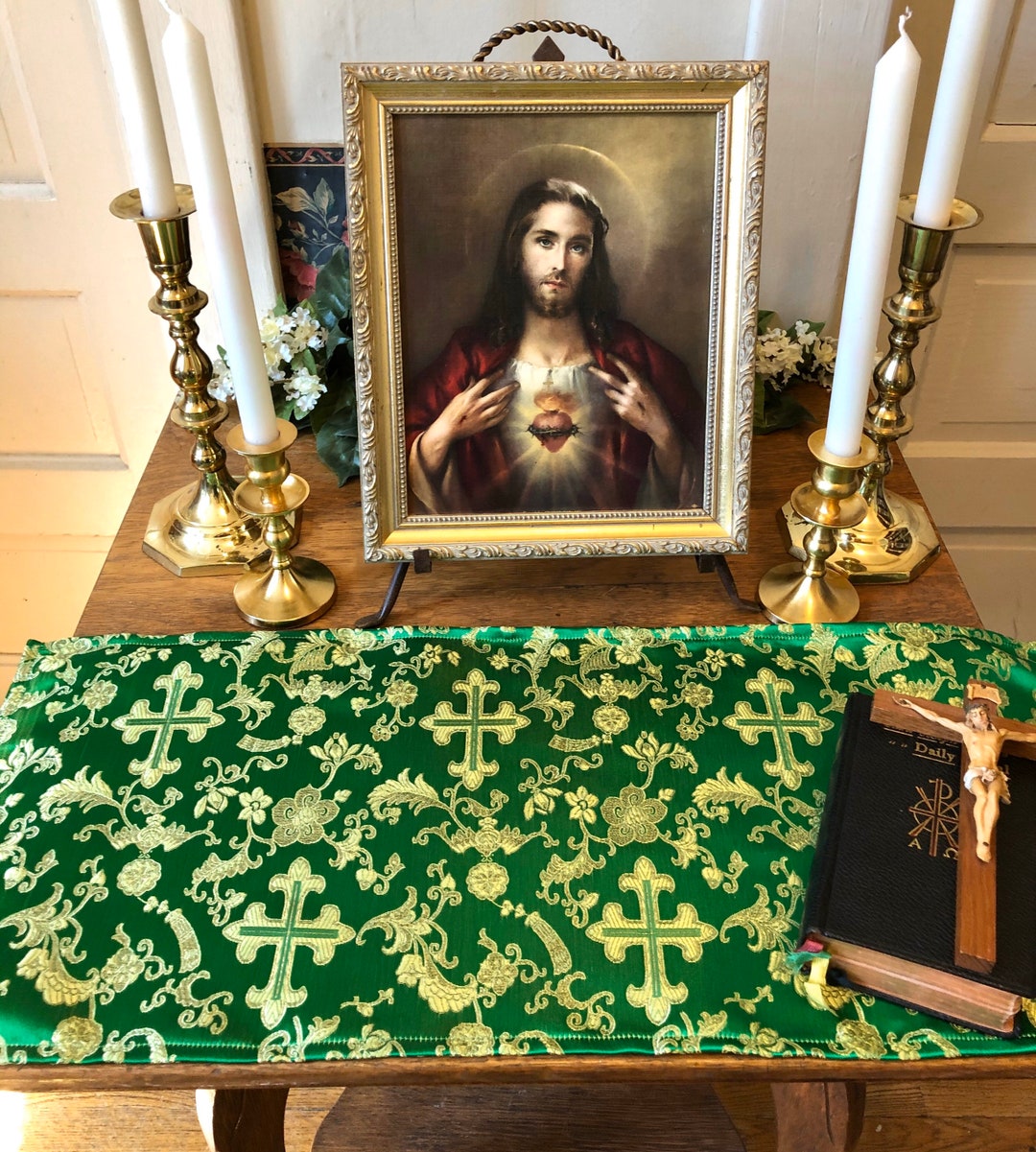 Home Altar Cloth Catholic Christian Green Metallic Gold Brocade ...