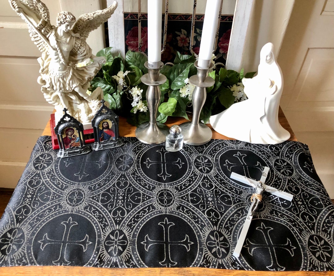 Home Altar Cloth Catholic Christian Prayer Table Runner Black Metallic ...
