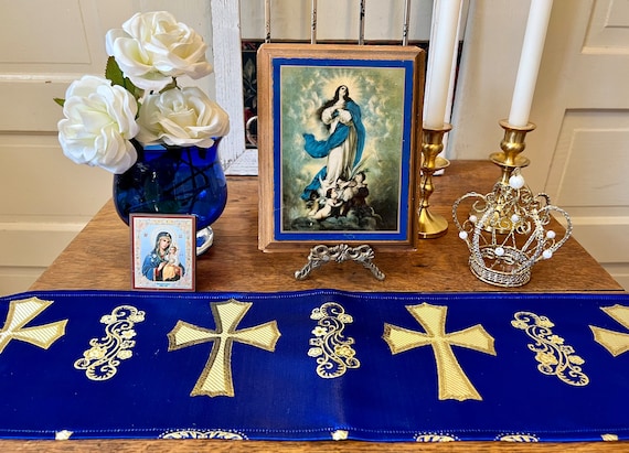 Altar Cloth Catholic Christian Home Blue Metallic Gold Crosses - Etsy