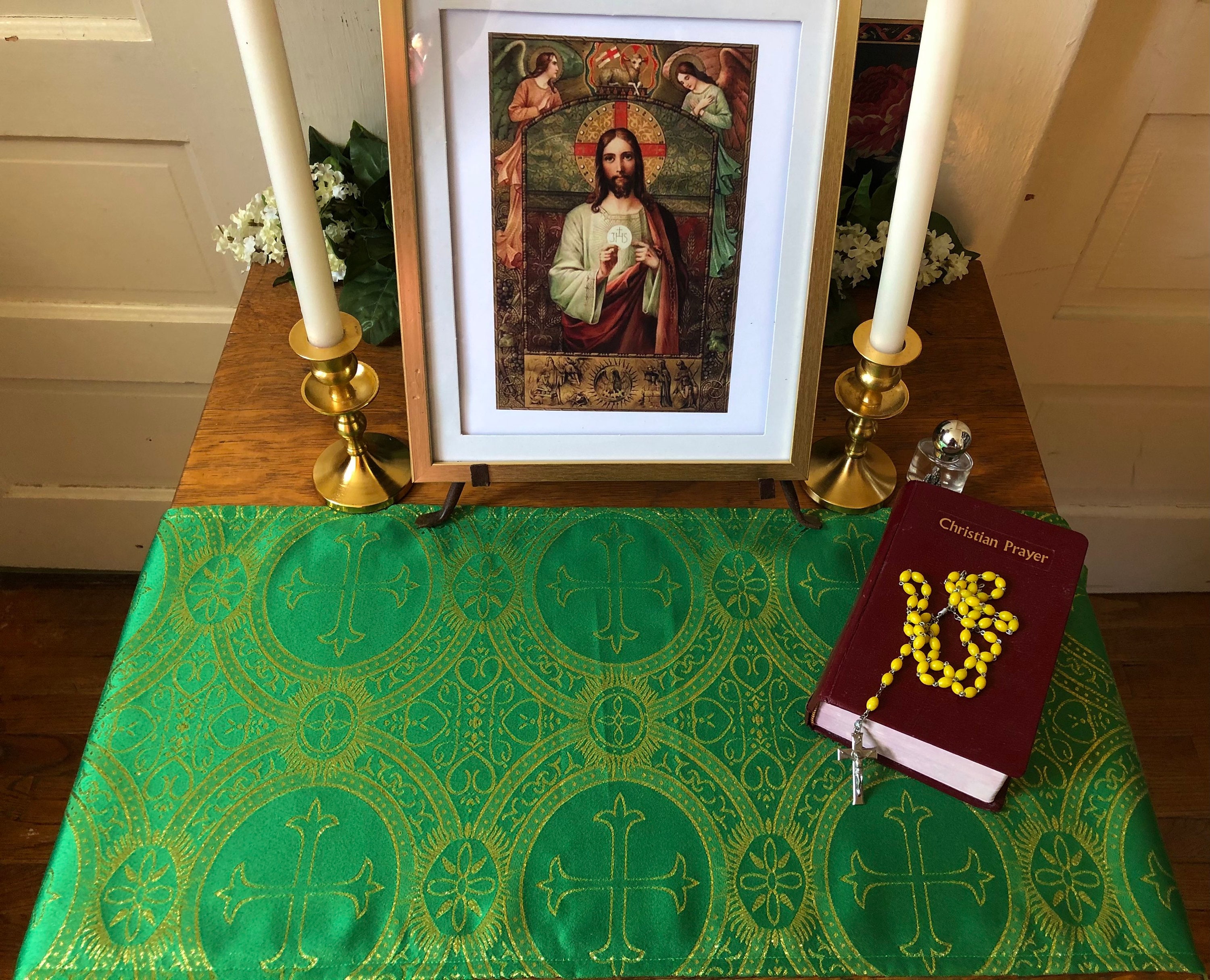 Altar Cloth Catholic Christian Home Green Gold Metallic Liturgical ...