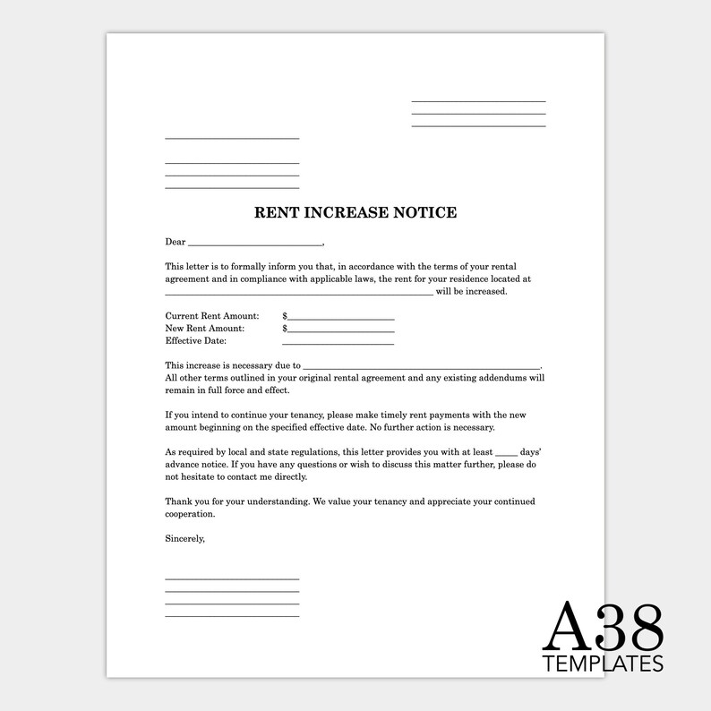 Rent Increase Notice Template: Landlord Form, Rental Property ...