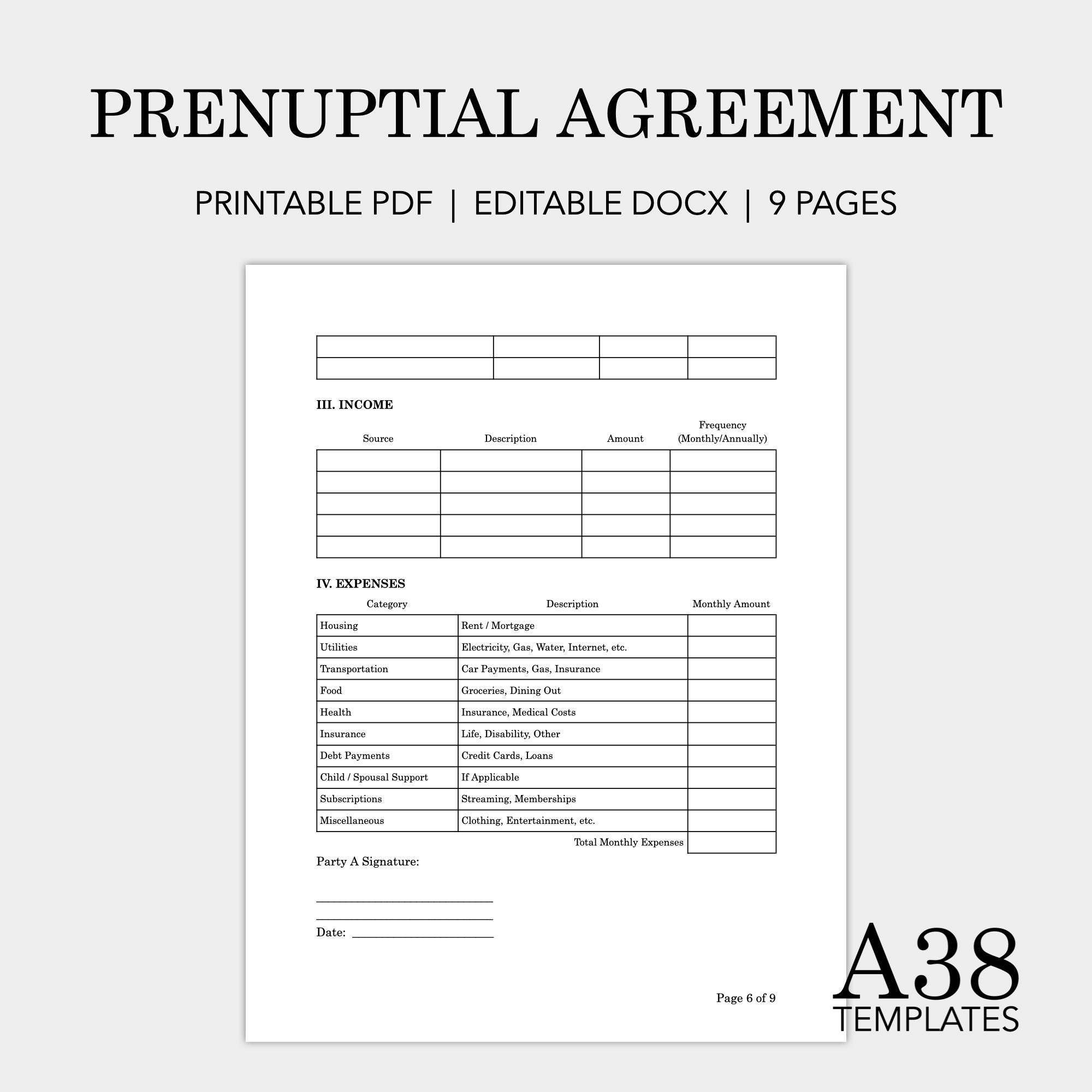 Prenuptial Agreement Template: Prenup, Premarital Contract, Antenuptial ...