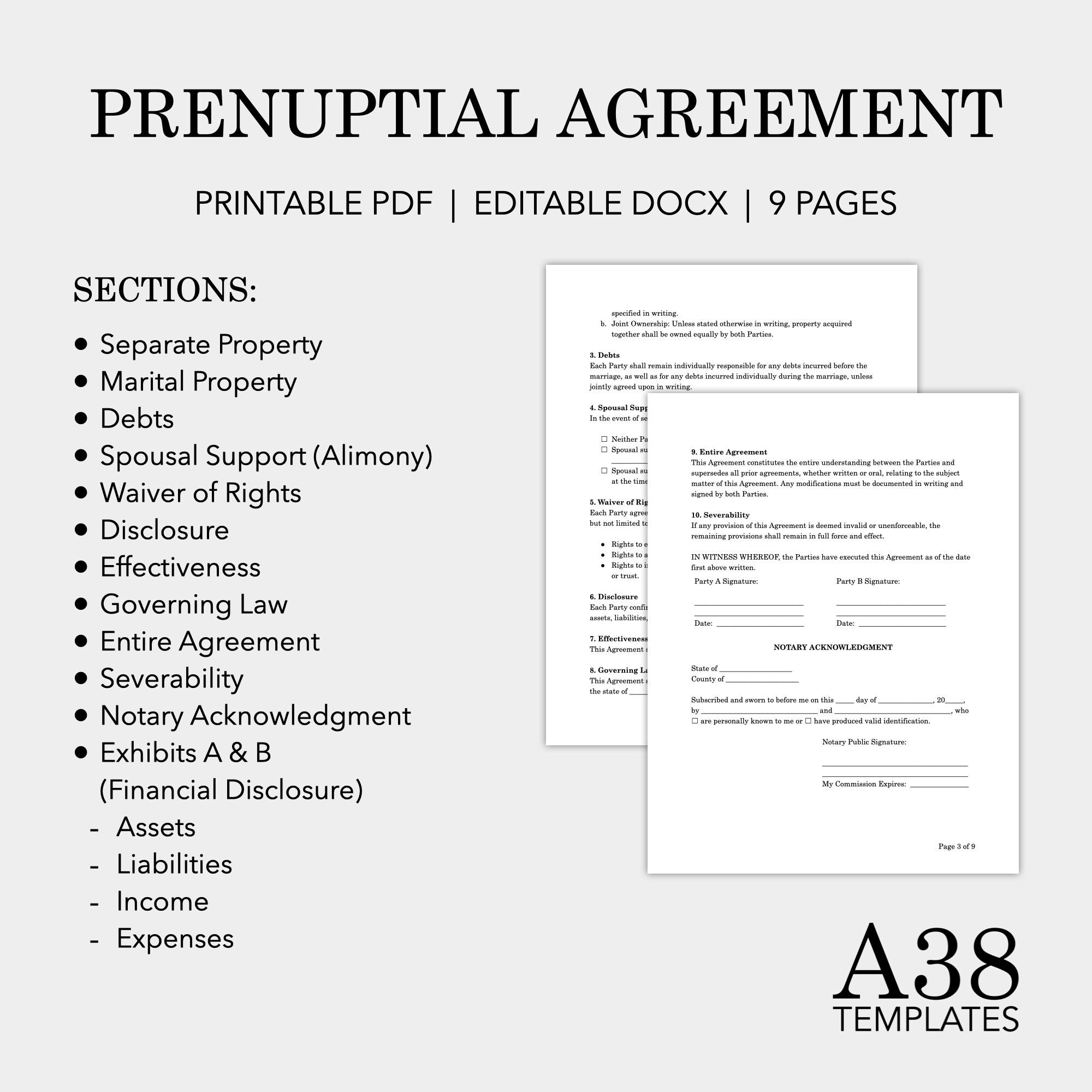 Prenuptial Agreement Template: Prenup, Premarital Contract, Antenuptial ...