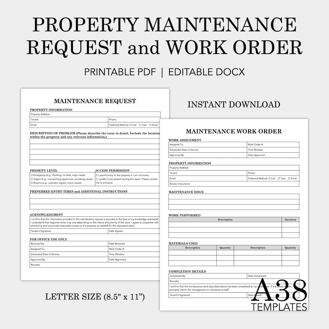 Rental Property Maintenance Request and Work Order Template Bundle ...