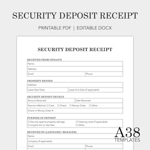 Rental Security Deposit Receipt Template: Landlord Form, Property ...