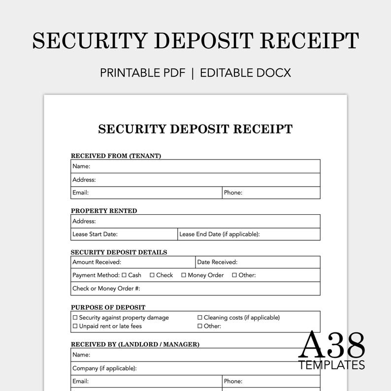 Rental Security Deposit Receipt Template: Landlord Form, Property ...